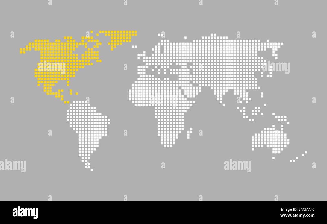Modern gray world map with pixels in white and orange shows the ...