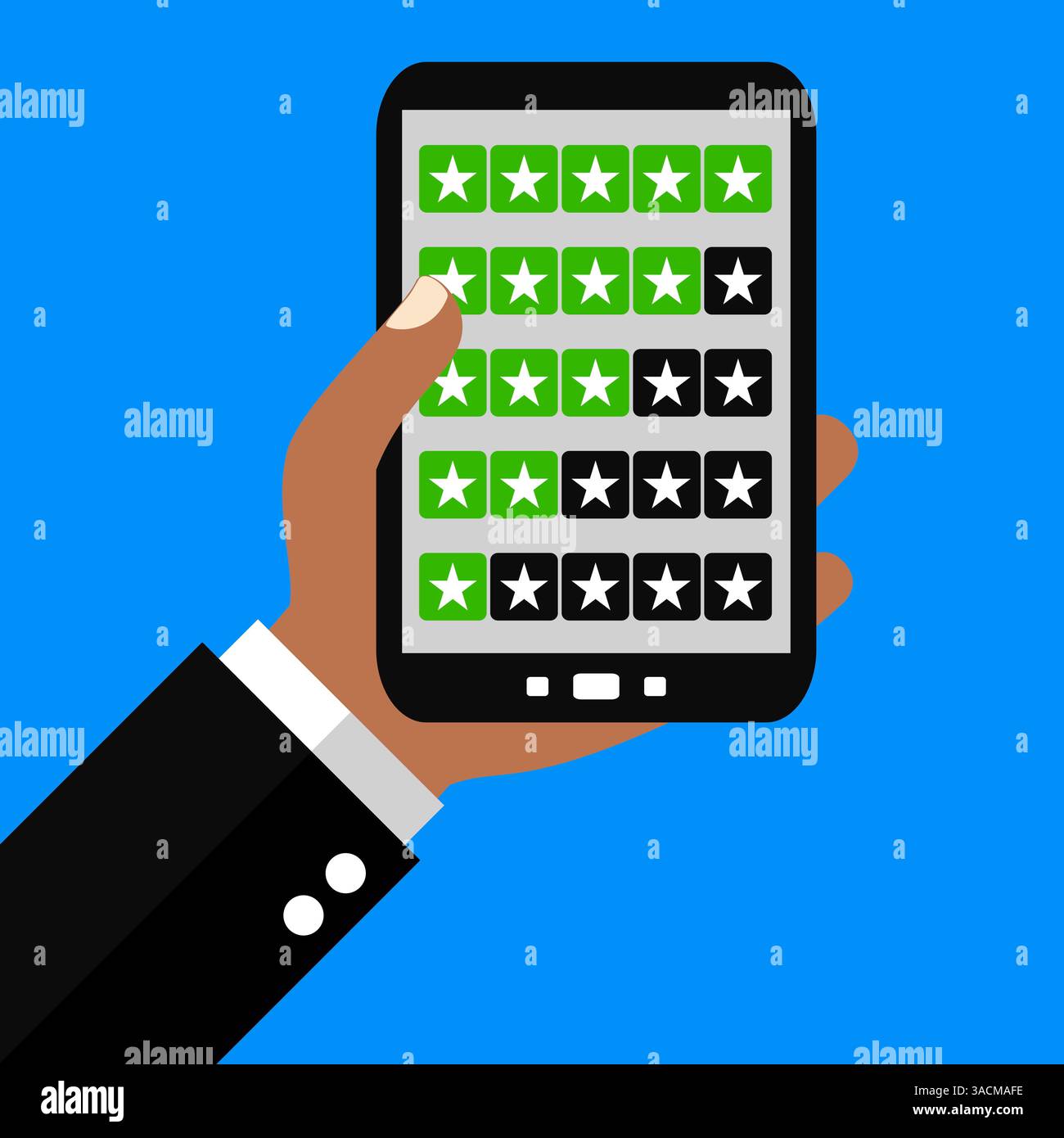 Hand with smartphone: Submit ratings - Flat Design Stock Photo - Alamy
