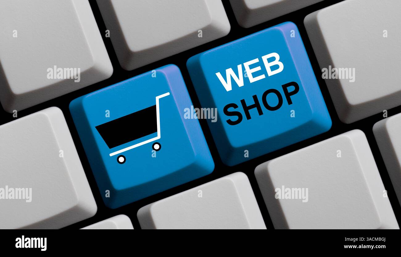 Blue computer keyboard with symbol shows webshop Stock Photo - Alamy