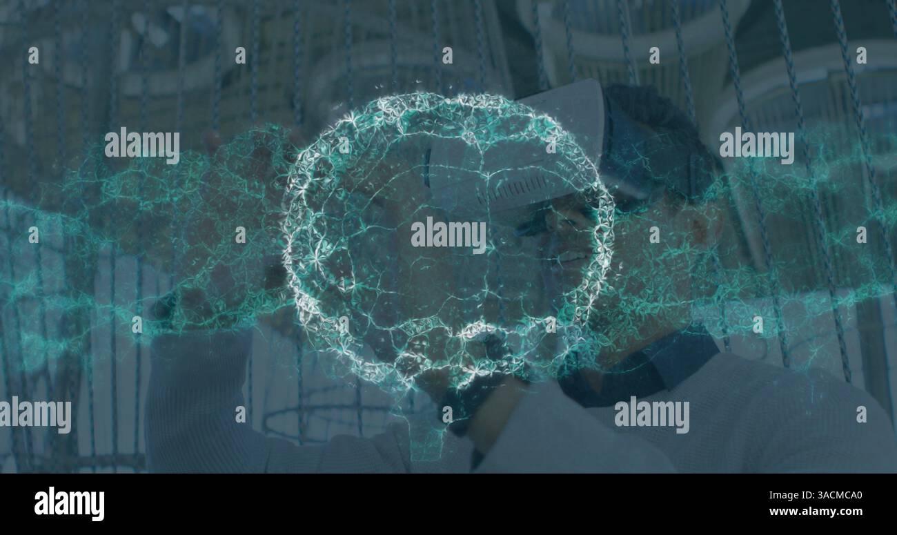 Image of human brain spinning and data processing over businessman ...
