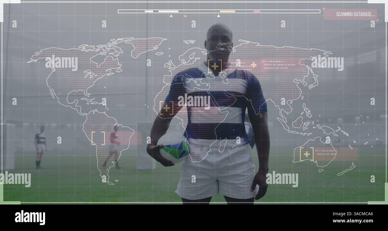 Image of world map with data processing over rugby players Stock Photo ...