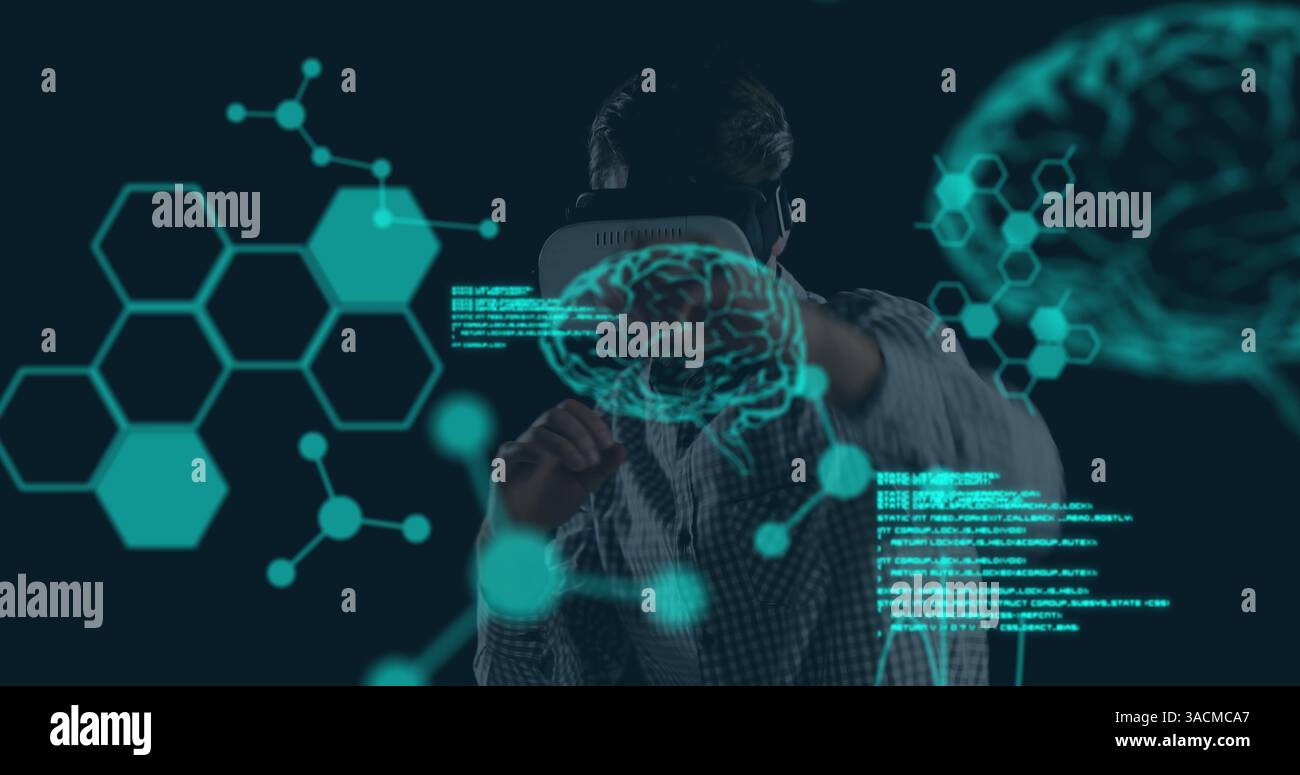 Image of human brains spinning and data processing over businessman ...