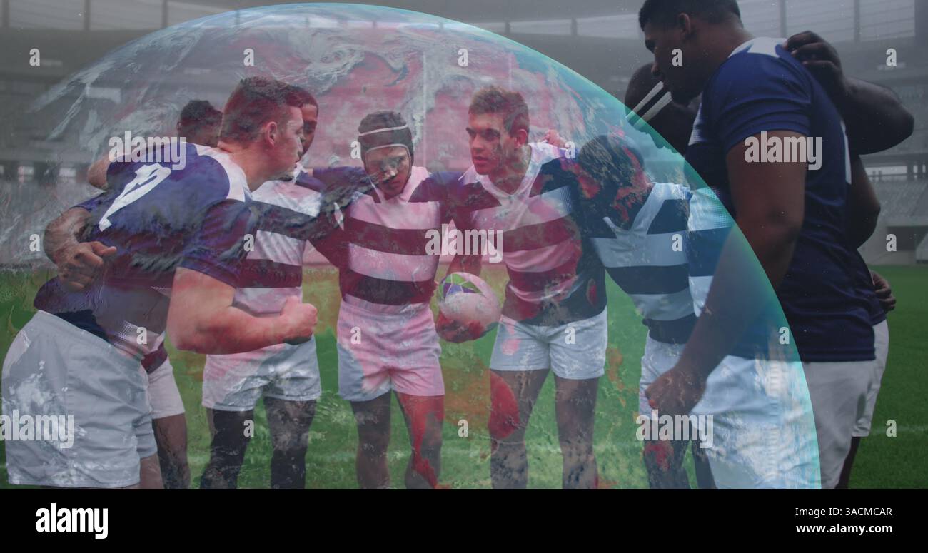 Image of globe with data processing over rugby players Stock Photo - Alamy