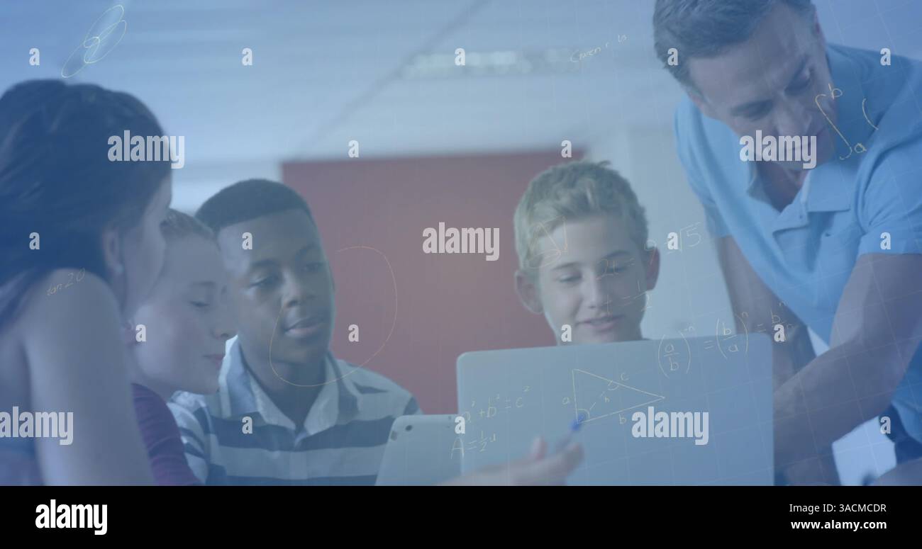 Image of mathematical equations over schoolchildren using laptop. global education, technology ...