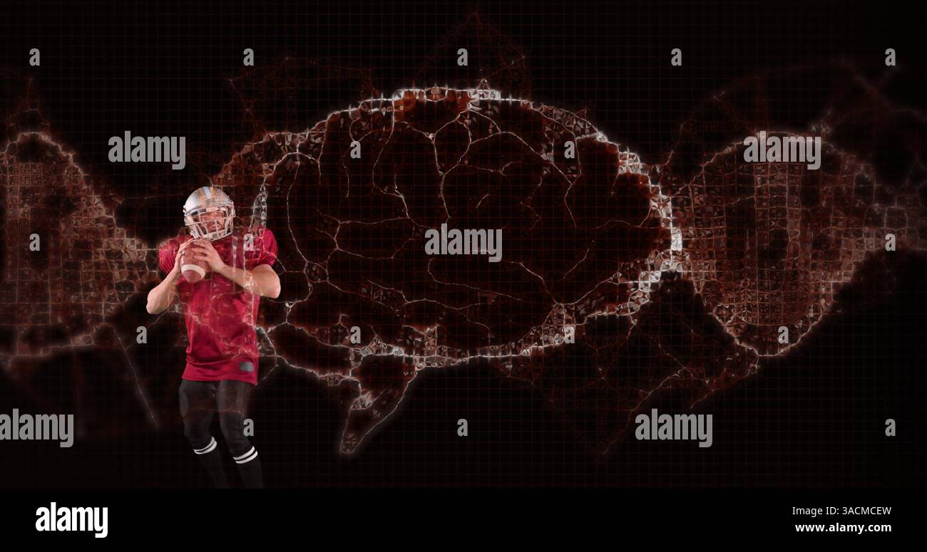 Image of digital brain spinning over male american football player ...