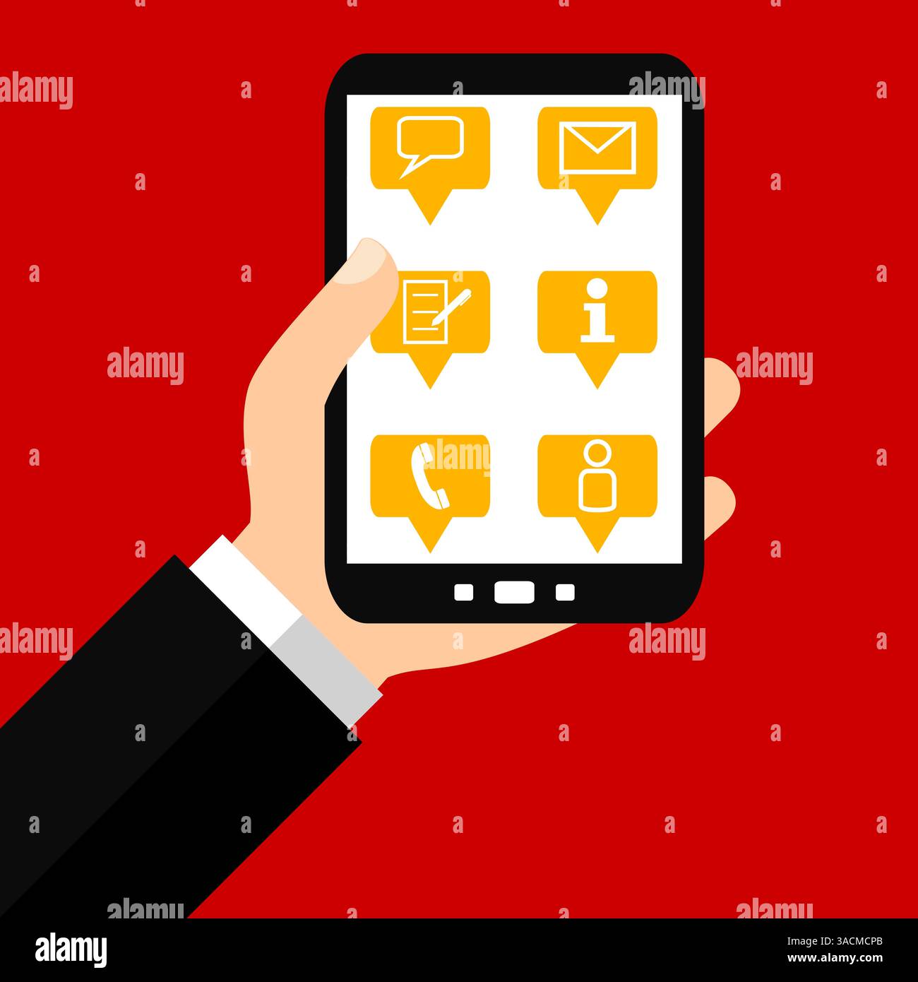 Hand with smartphone: Contact icons - Flat Design Stock Photo - Alamy