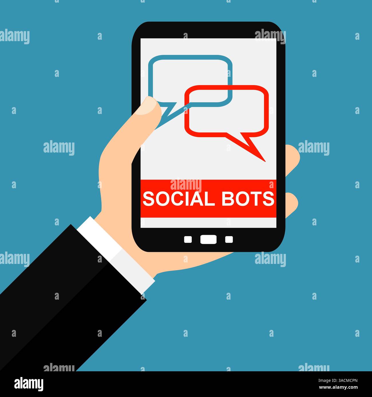 Hand with smartphone: Social bots - flat design Stock Photo - Alamy