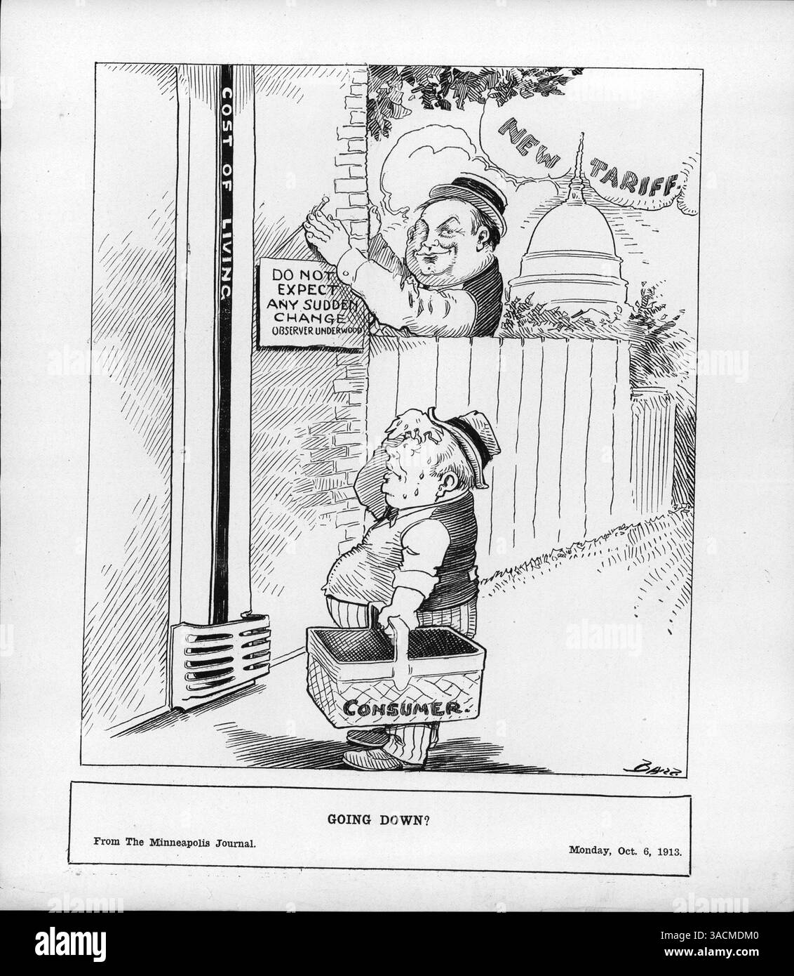 In this illustration, a consumer looks up at a 'Cost of Living ...