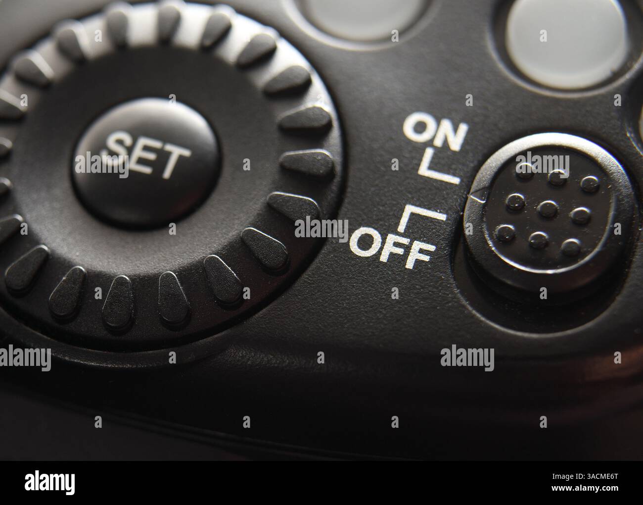 Close up of on off switch. Business background concept. White text with ...