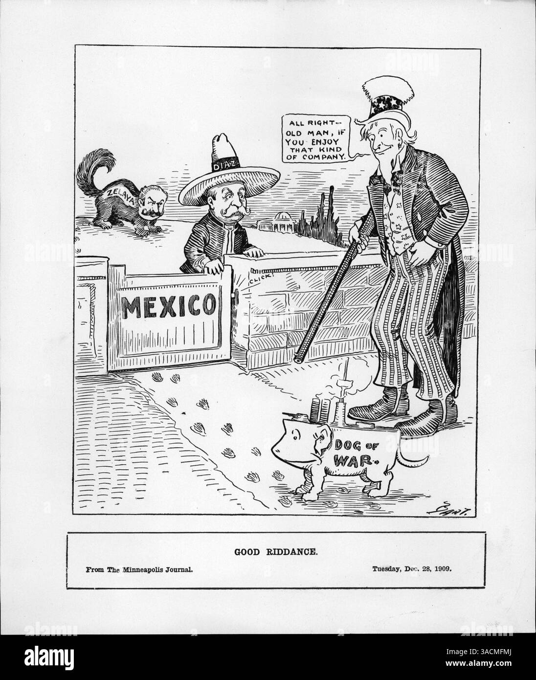 In this political cartoon, Uncle Sam stands at the gate of Mexico ...