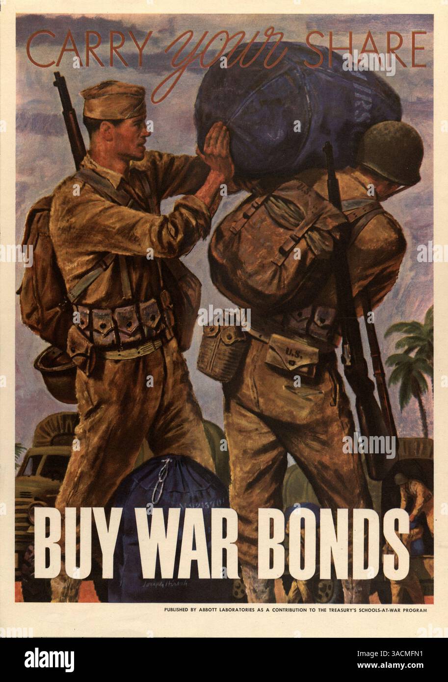 A wartime poster shows one soldier assisting another with a heavy load ...