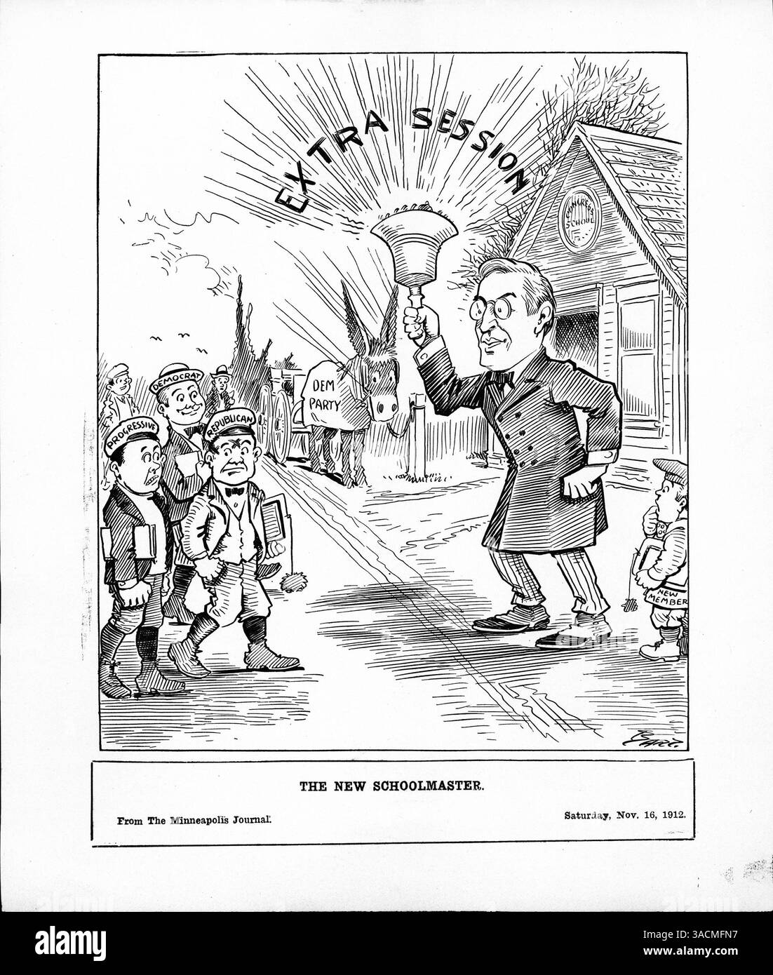 A political cartoon featuring Woodrow Wilson outside Congress School ...