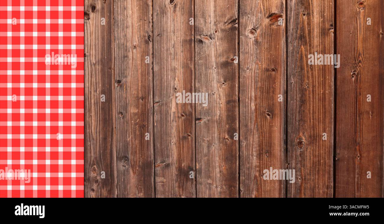 Rustic background with wood and stripes of a checkered tablecloth in ...