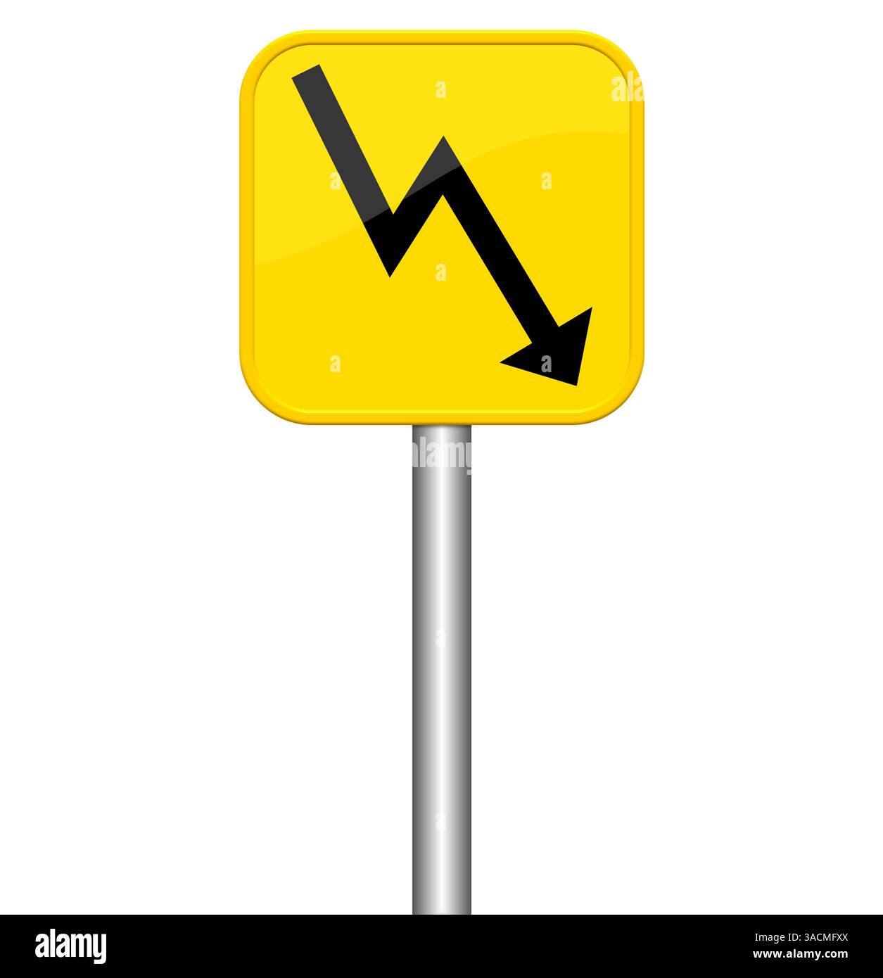 Yellow cut out sign shows arrow pointing downwards hi-res stock ...