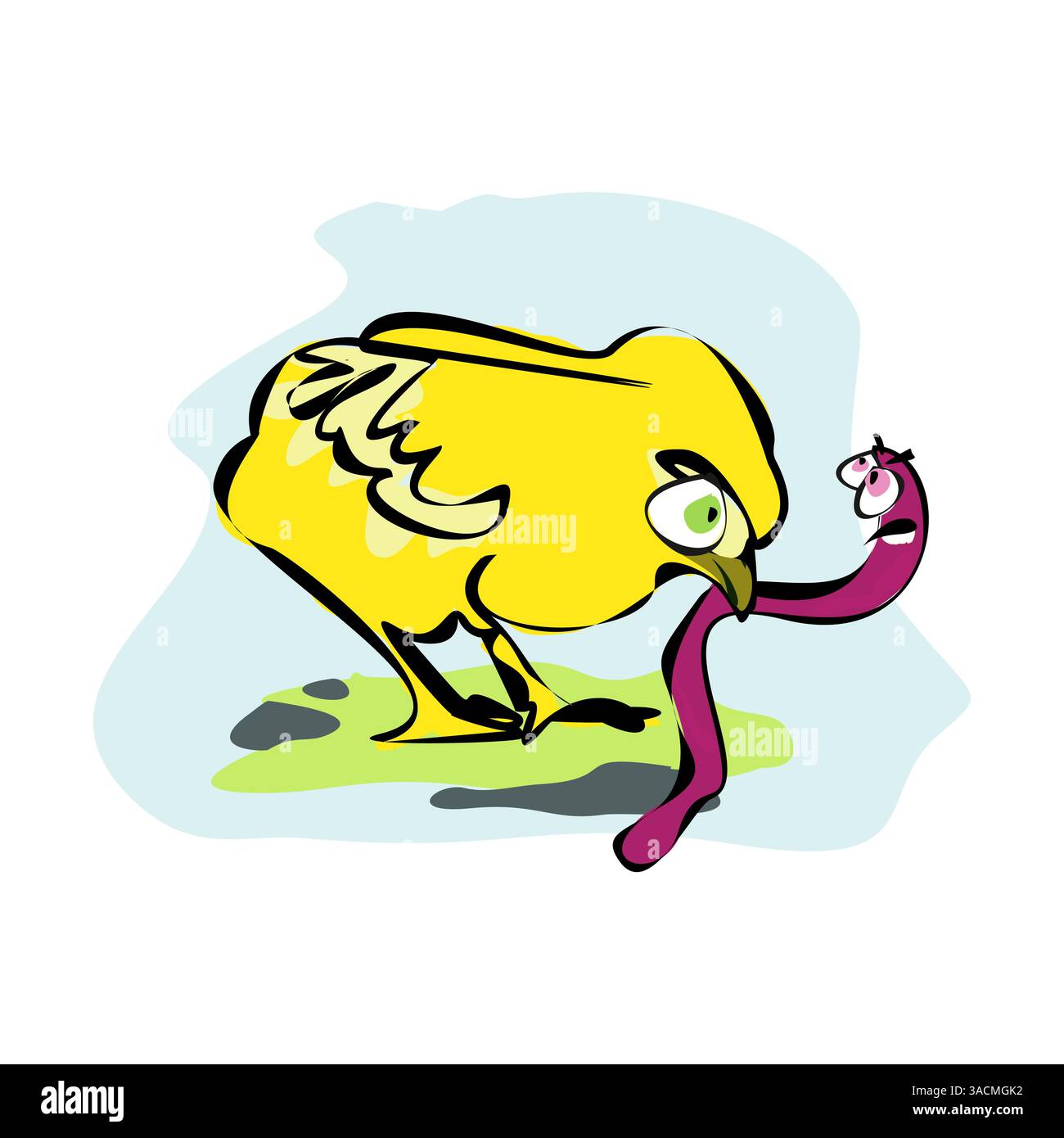 Yellow chicken, little chick. with a worm in his beak. Sweet and ...