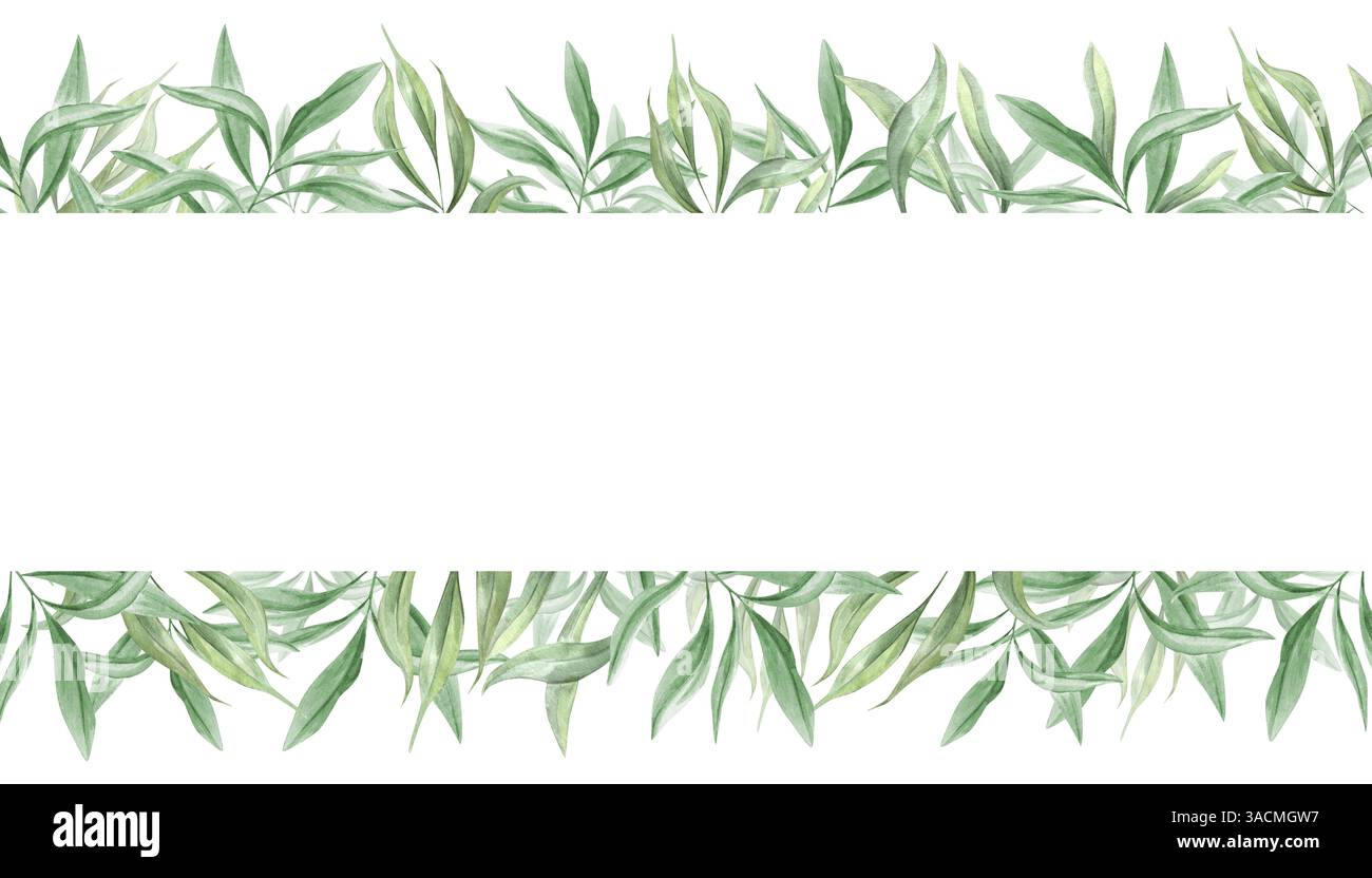 Watercolor tropical green leaves horizontal border isolated background ...