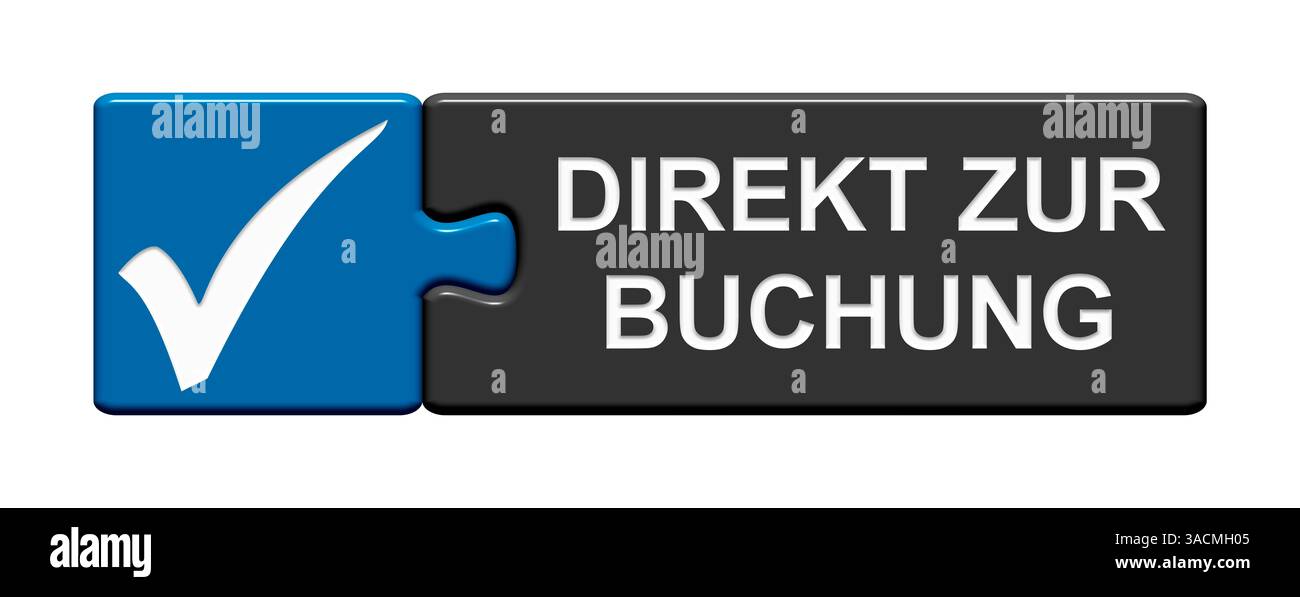 Isolated puzzle button consisting of two parts in blue and black with ...