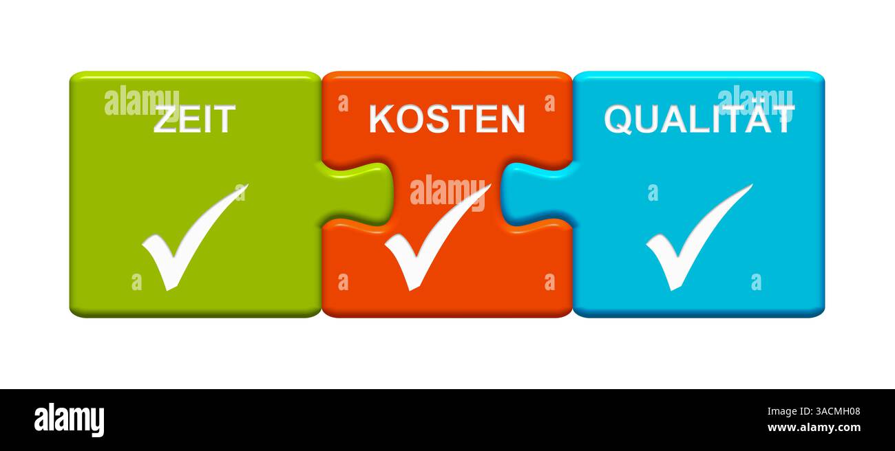 Isolated colorful puzzle button consisting of three pieces with tick ...