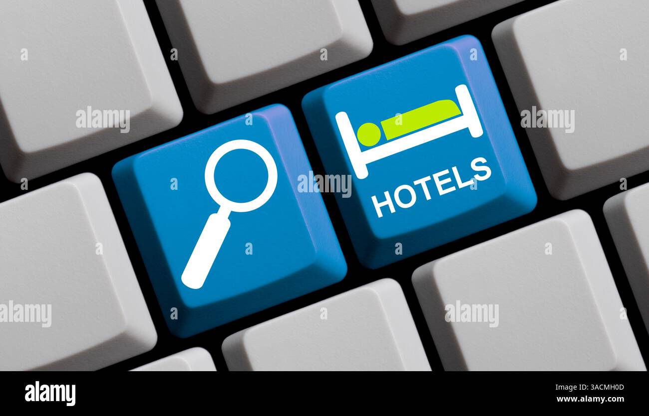 Search and find hotels online symbols on computer keyboard hi-res stock ...