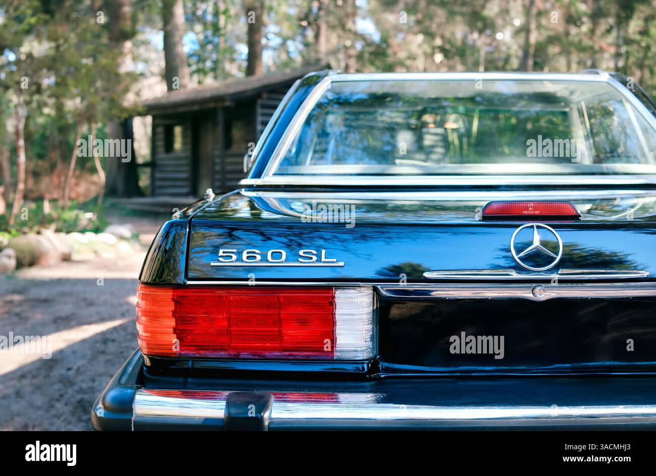 Black Mercedes-Benz 560 SL back view in front of defocused park ...