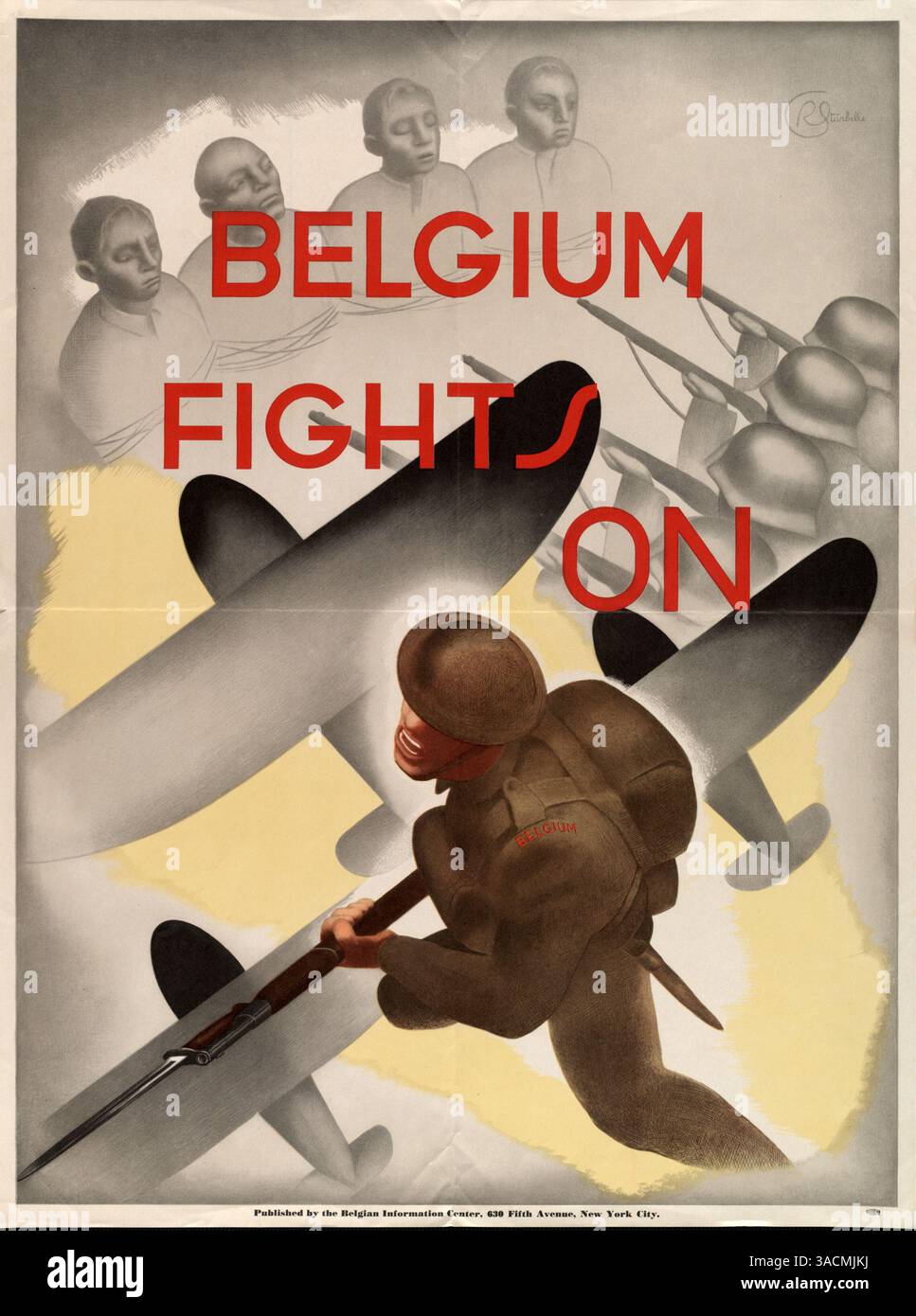 This image shows a Belgian soldier charging, with planes in the sky and ...