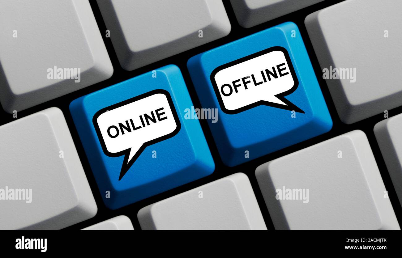Blue keys in computer keyboard show online and offline in speech ...