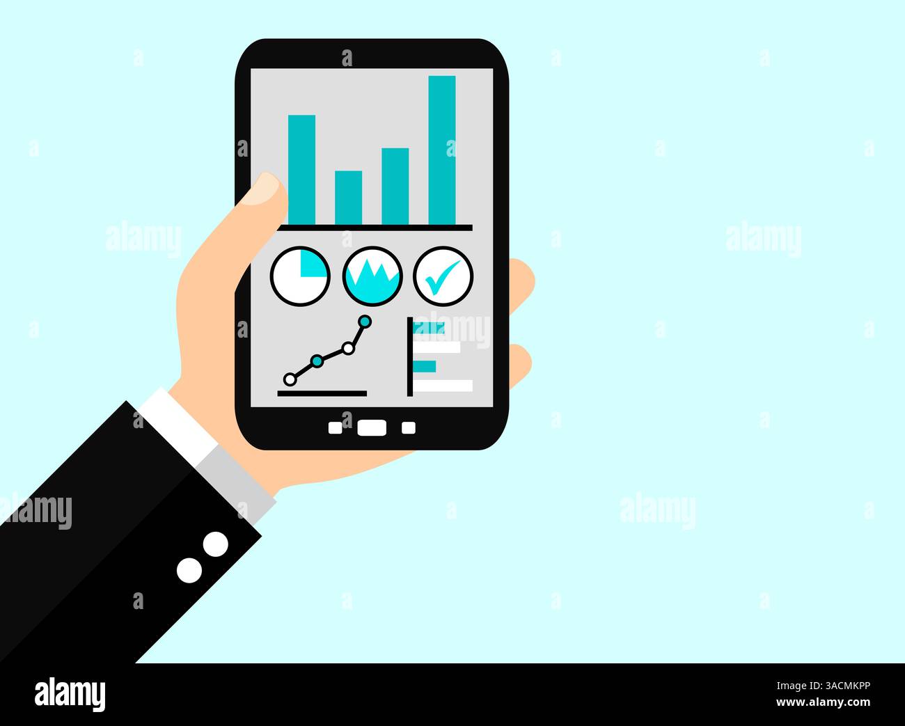 Business man holds smartphone with data, diagrams, evaluation and ...