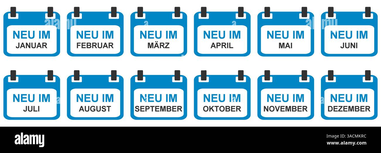 12 blue calendar icons show what's new in all months of the year Stock ...