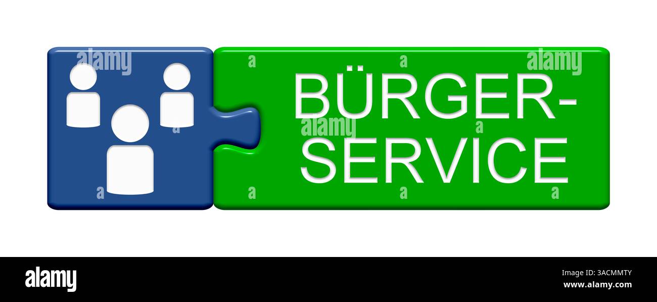 Puzzle button in two pieces shows citizen service with group of people ...