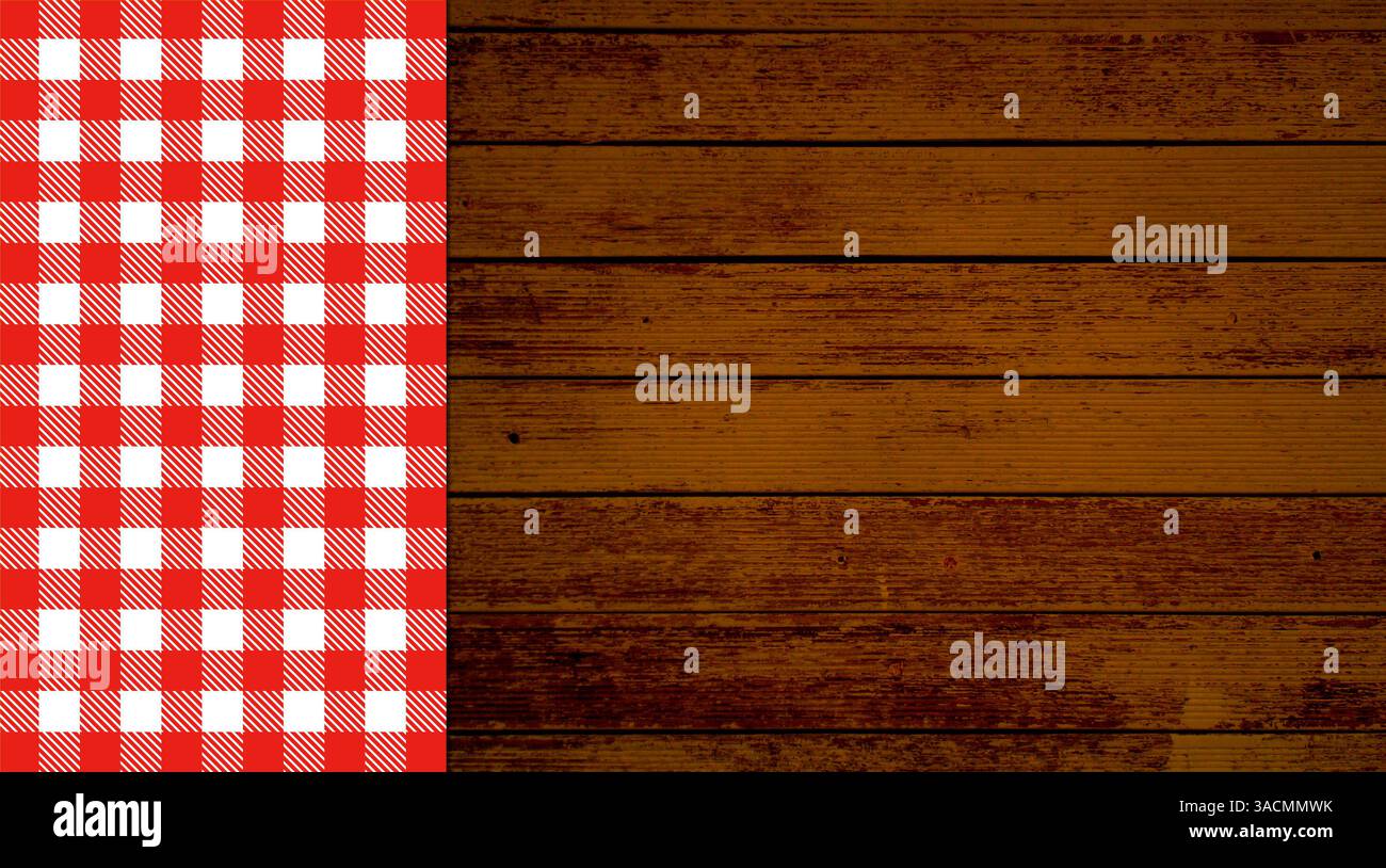 Rustic retro background with old brown wood and red and white checkered ...