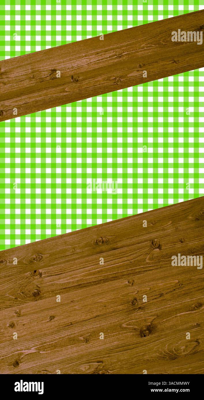 Upright background with checkered pattern in green and white and wooden ...