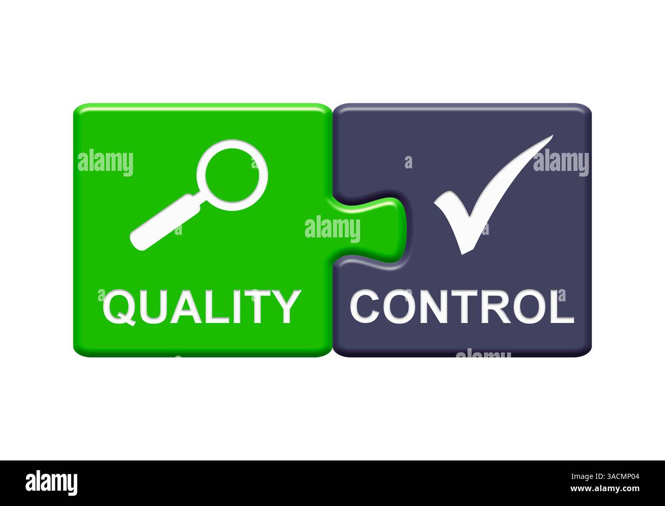 Isolated two piece puzzle button with tick symbol shows quality control ...