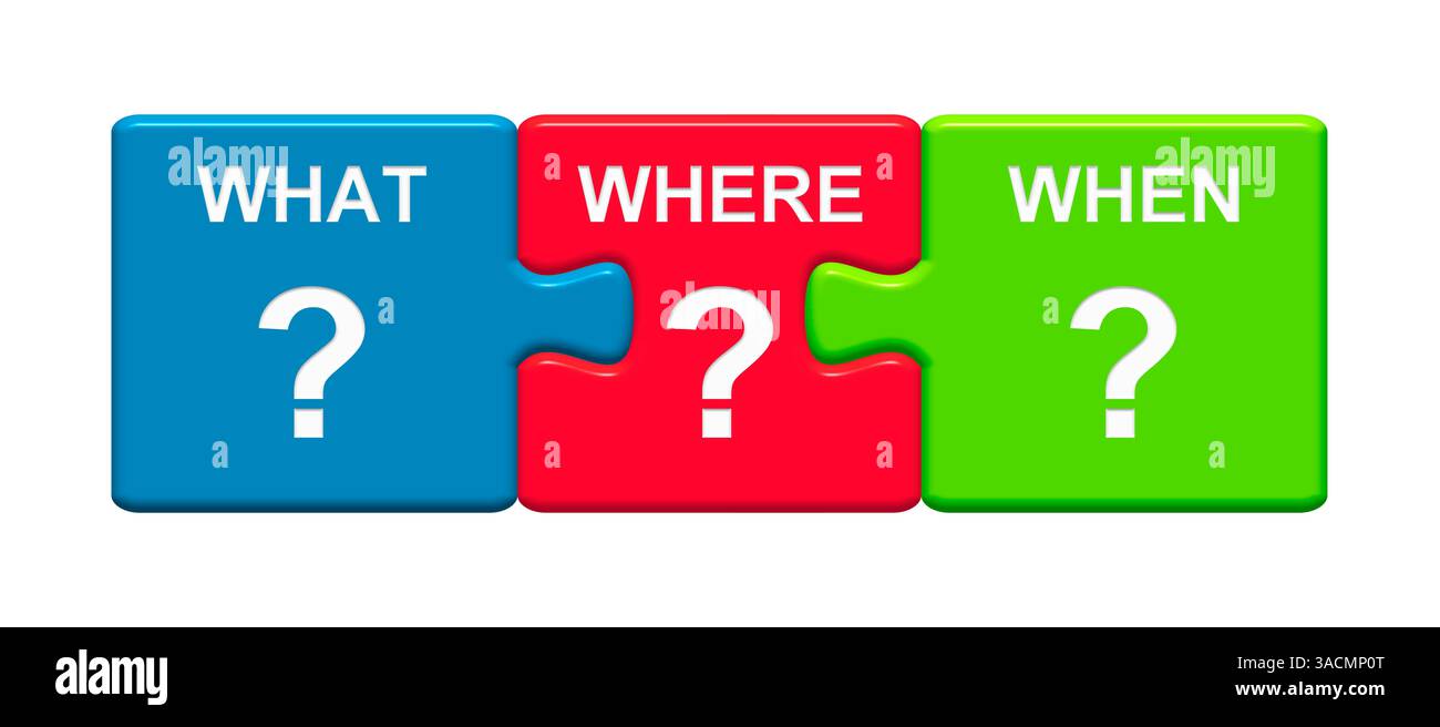 Isolated puzzle button consisting of three pieces shows What? When ...