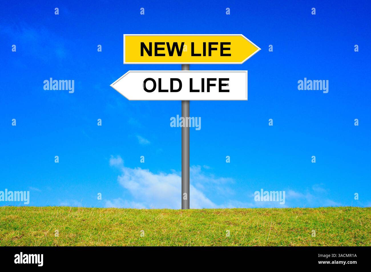 Signpost on a green meadow shows New Life and Old Life Stock Photo - Alamy