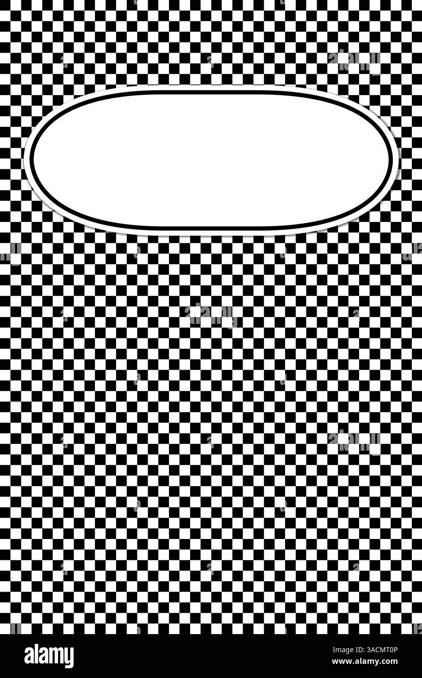 Black and white checkered vertical background with oval white text ...