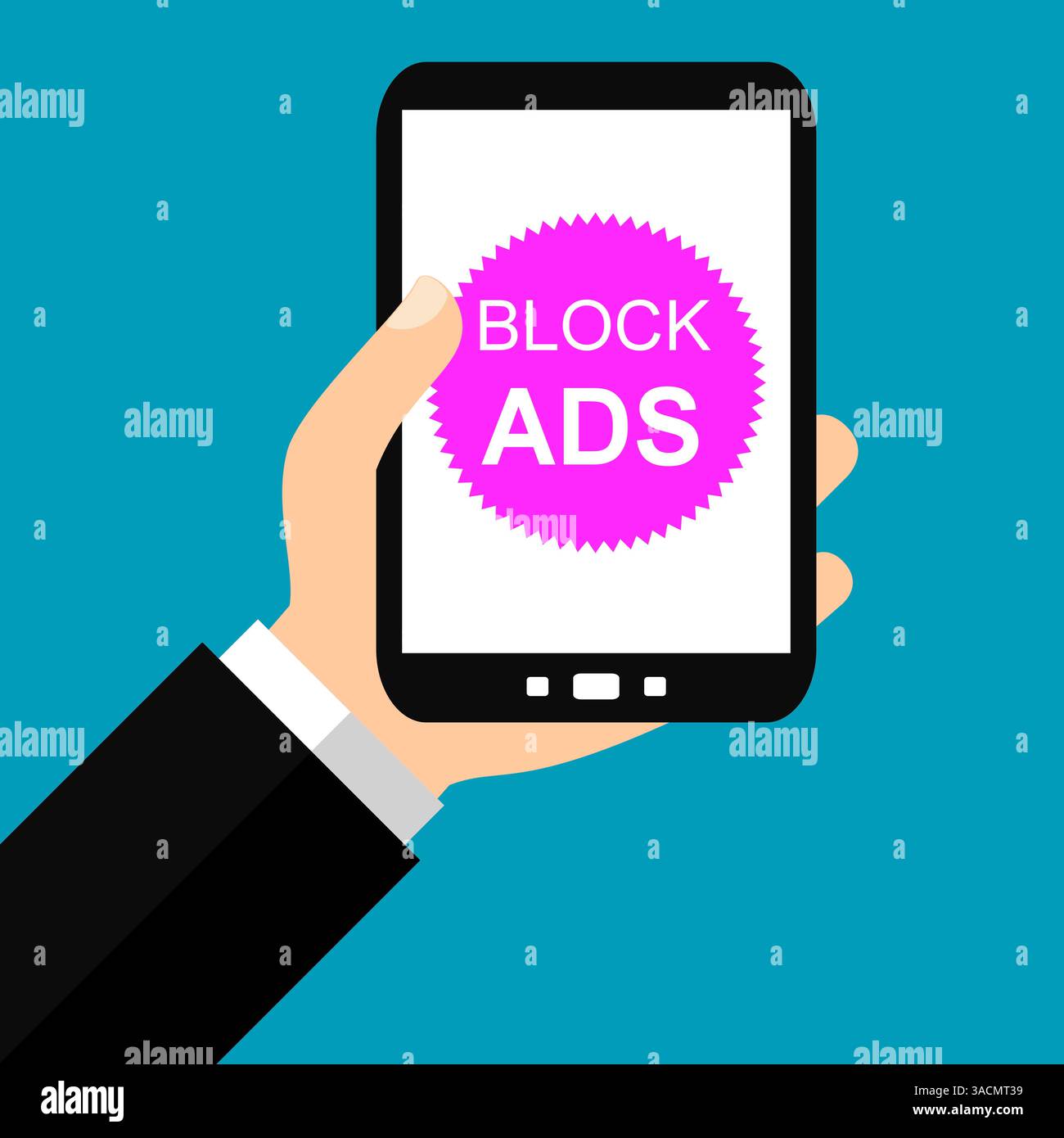 Hand with smartphone: Block Ads - Flat Design Stock Photo - Alamy