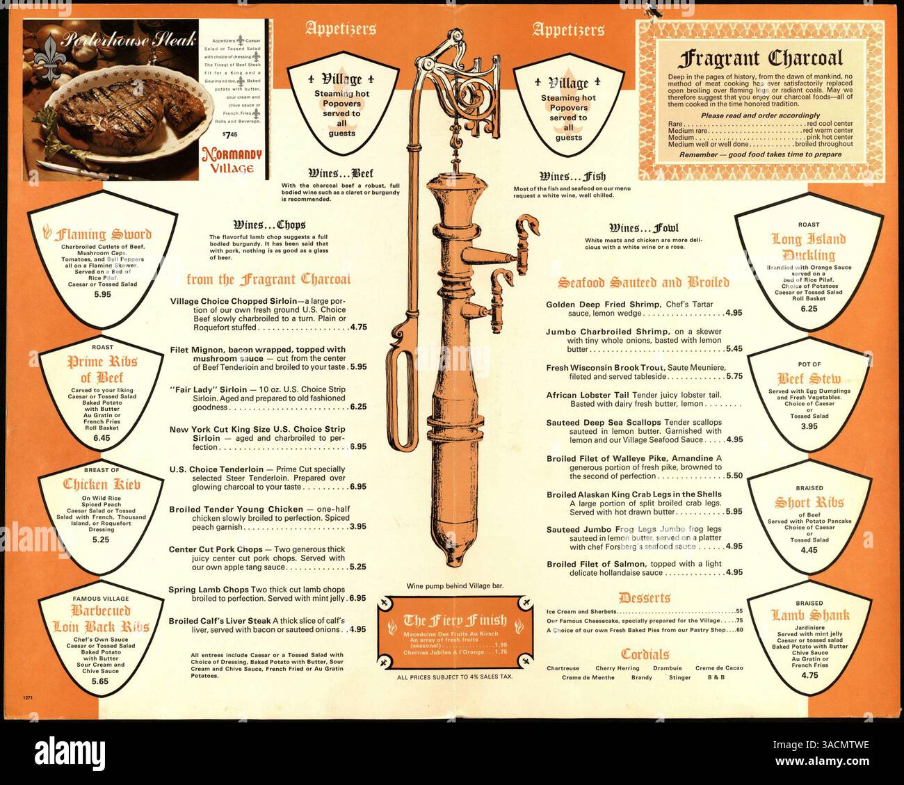 The Normandy Village Menu is a bi-fold design featuring a bronze ...