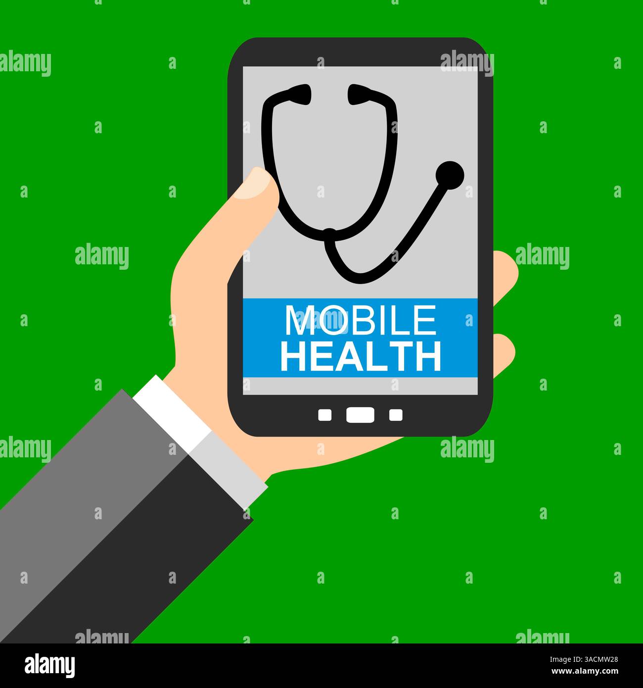 Hand with smartphone: Mobile Health - Flat Design Stock Photo - Alamy