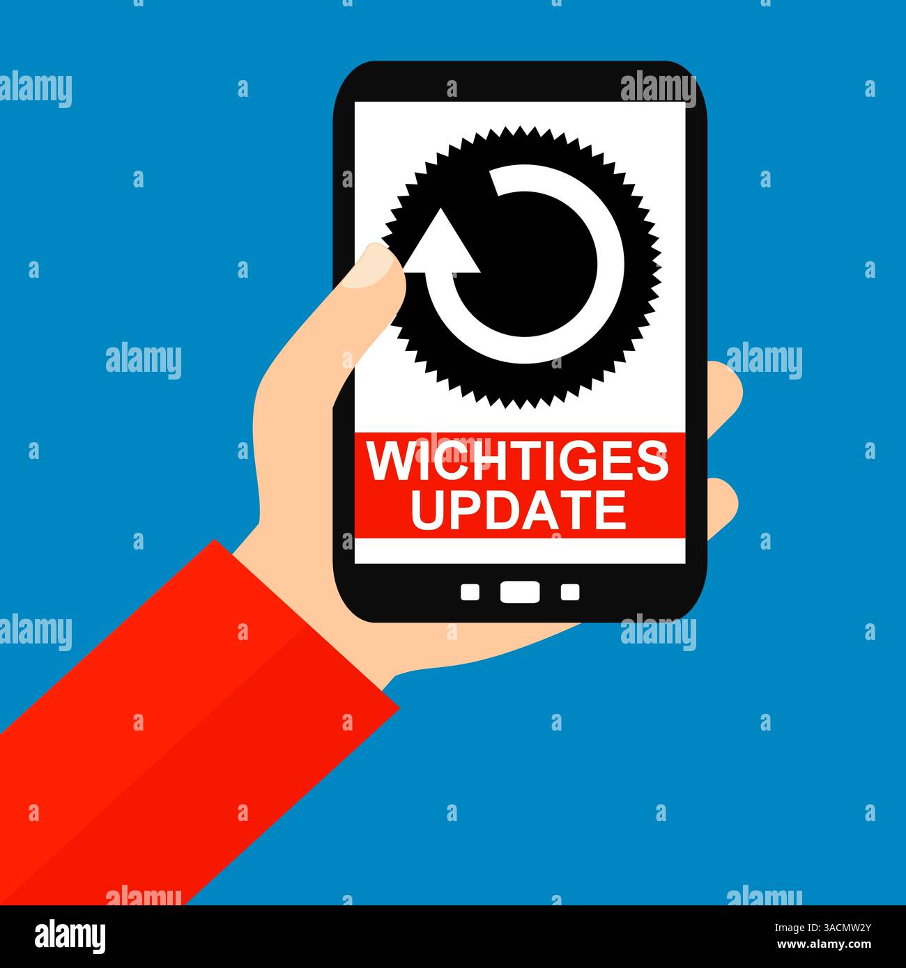 Hand with smartphone: Important update - flat design Stock Photo - Alamy