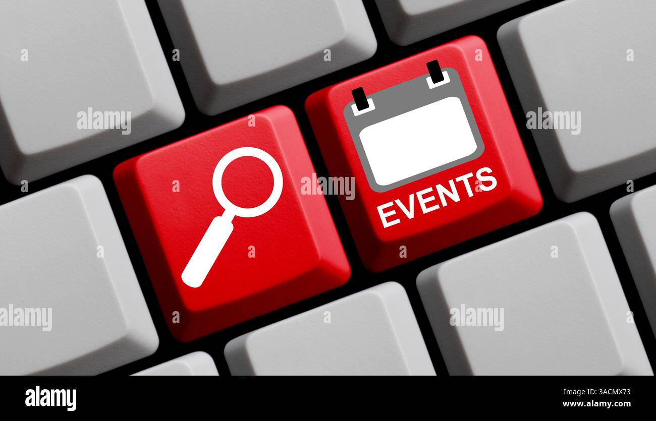 Red keyboard with symbols shows online search for events Stock Photo ...