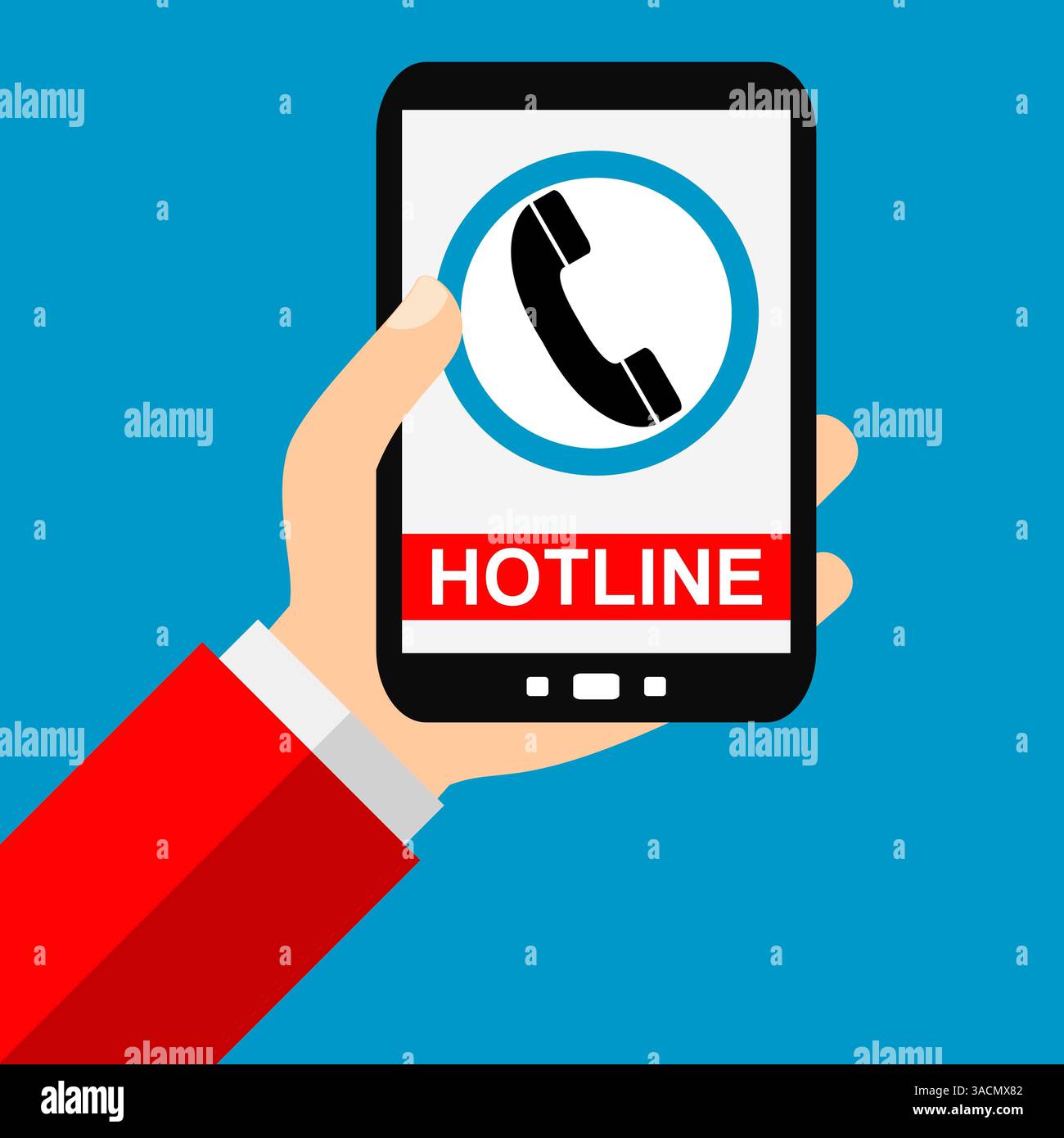 Hand with smartphone: Hotline - Flat Design Stock Photo - Alamy