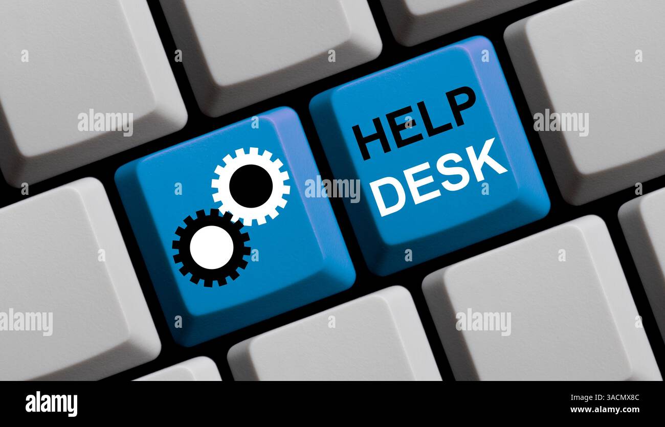 Blue computer keyboard with symbol shows helpdesk Stock Photo - Alamy