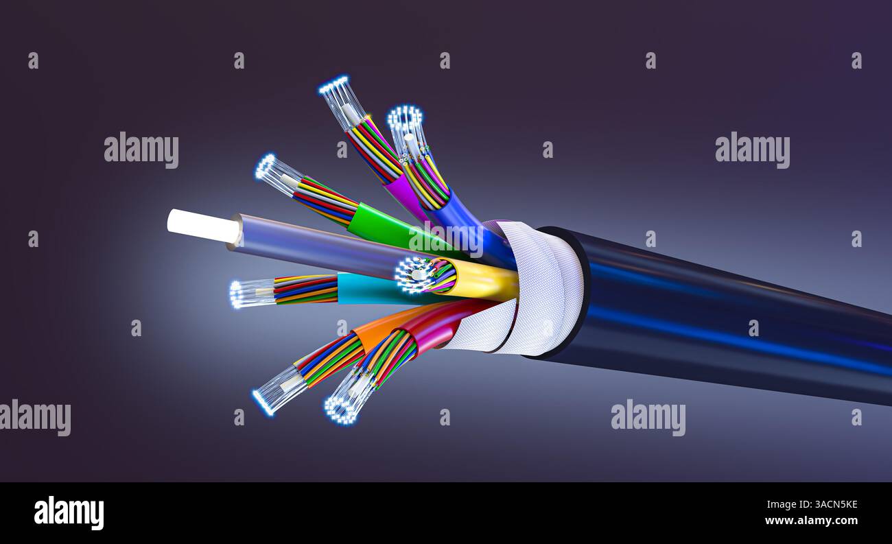 Fiber optic cable transmitting data glowing ends 3d Stock Photo - Alamy
