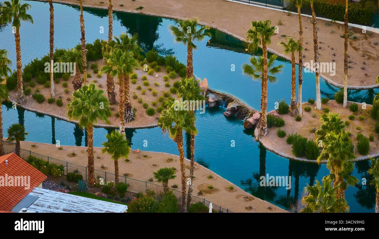 Aerial of Tropical Oasis with Palm Trees and Waterway in Nevada Stock ...