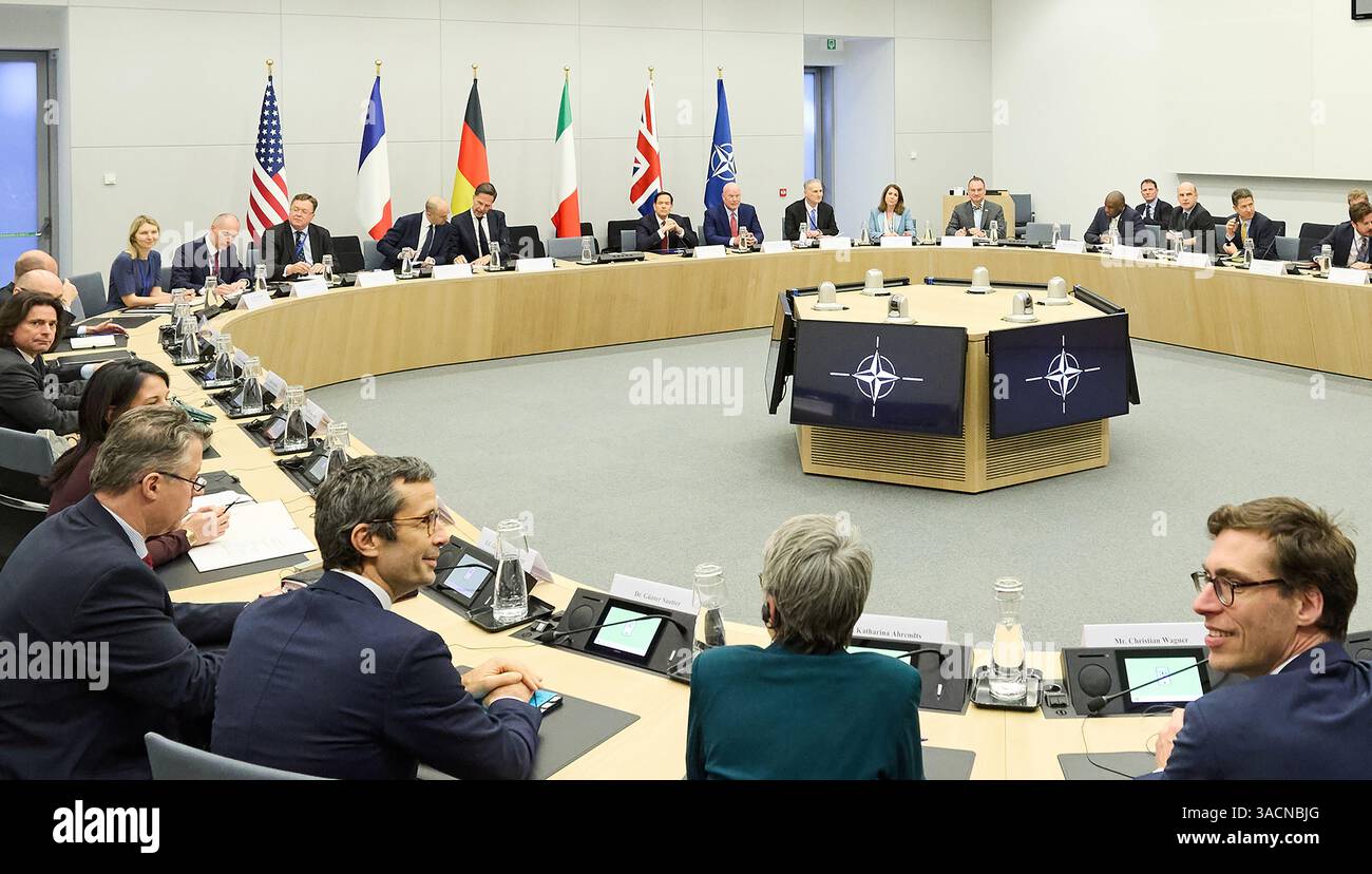 US Secretary of State Marco Rubio (c ), attends a meeting of the North Atlantic Council in ...