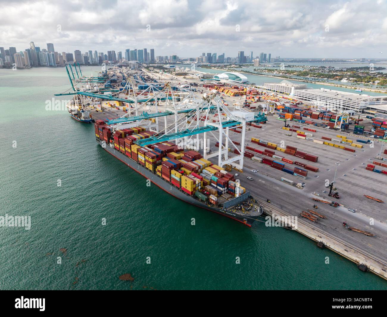 Miami, Florida - February 12, 2025: Port of Miami. Cargo ship loaded ...