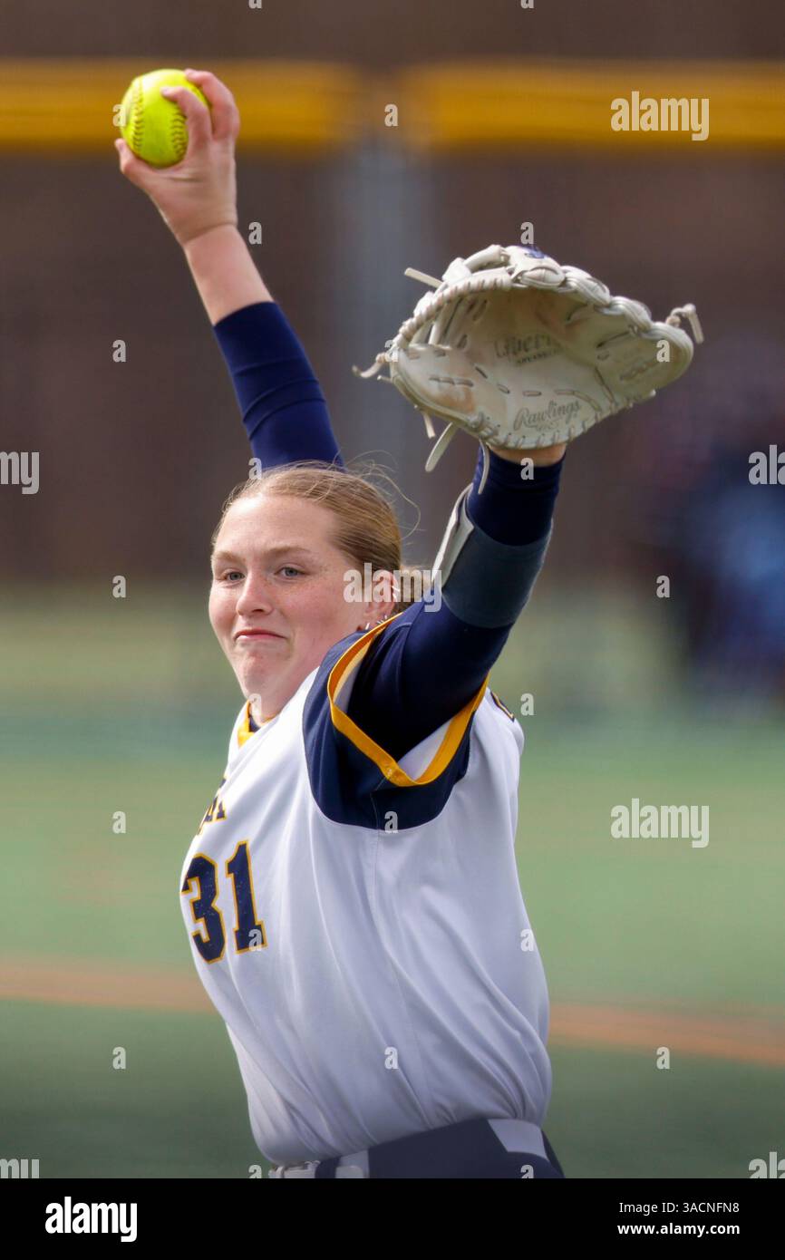 Merrimack pitcher Anna Gedacht (31) delivers a pitch during an NCAA ...