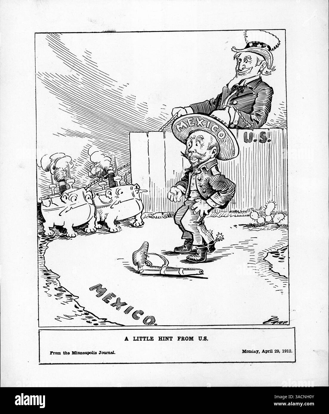 A political cartoon shows Uncle Sam behind a fence labeled U.S. holding ...