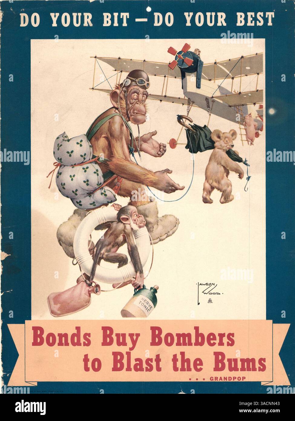 This whimsical illustration shows monkeys, pigs, and koalas carrying ...