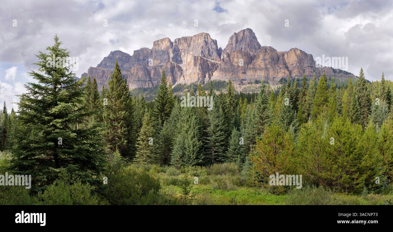 Panoramic image of Castle Mountain under cloudy sky, Bow Valley Parkway ...